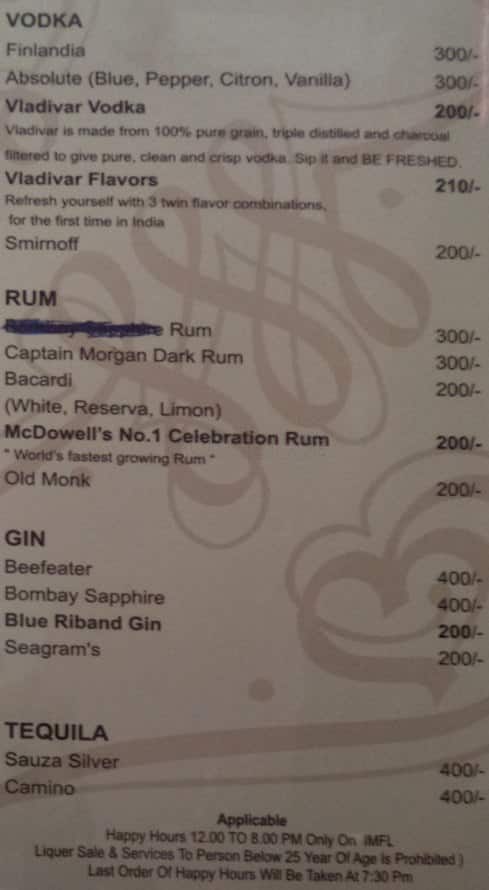 Menu at Prison, Gurugram, Mehrauli Gurgaon Road