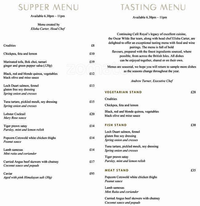 Menu at Oscar Wilde Lounge pub & bar, London