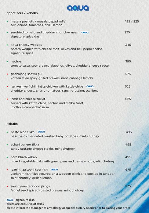 Menu of Aqua - The Park, Nungambakkam, Chennai