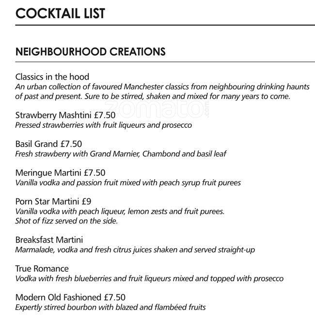 Menu at Neighbourhood Manchester pub & bar, Manchester