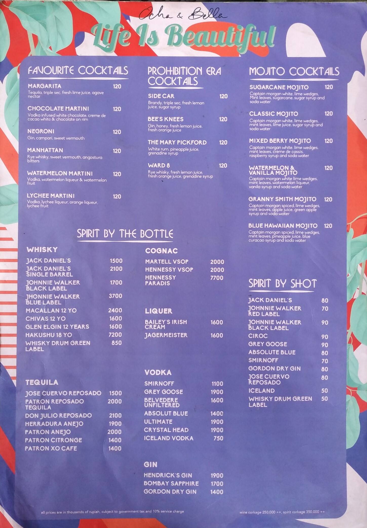 Menu at Ocha & Bella restaurant, Jakarta