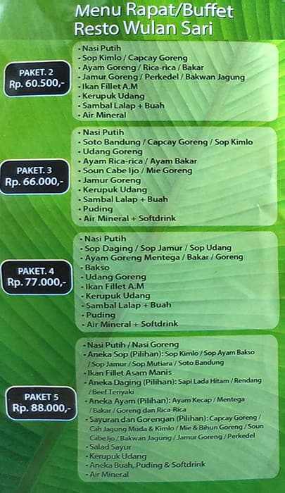 Menu at Griya Wulan Sari restaurant, Bekasi Regency