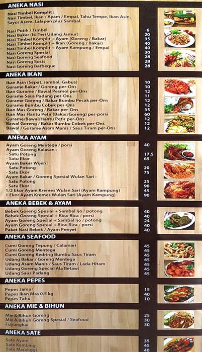 Menu at Griya Wulan Sari restaurant, Bekasi Regency