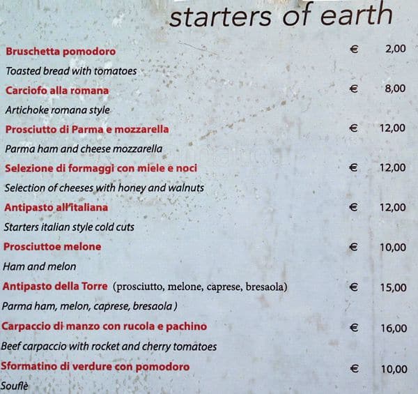 Menu at I Fratellini restaurant, Rome, Via di Tor Millina