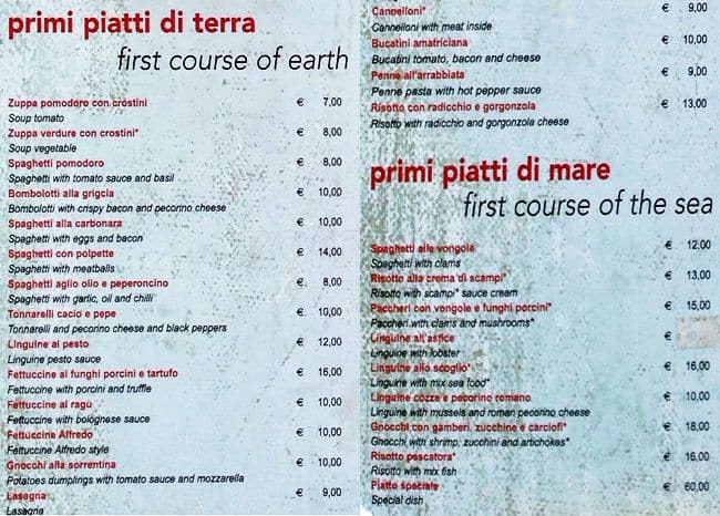 Menu at I Fratellini restaurant, Rome, Via di Tor Millina