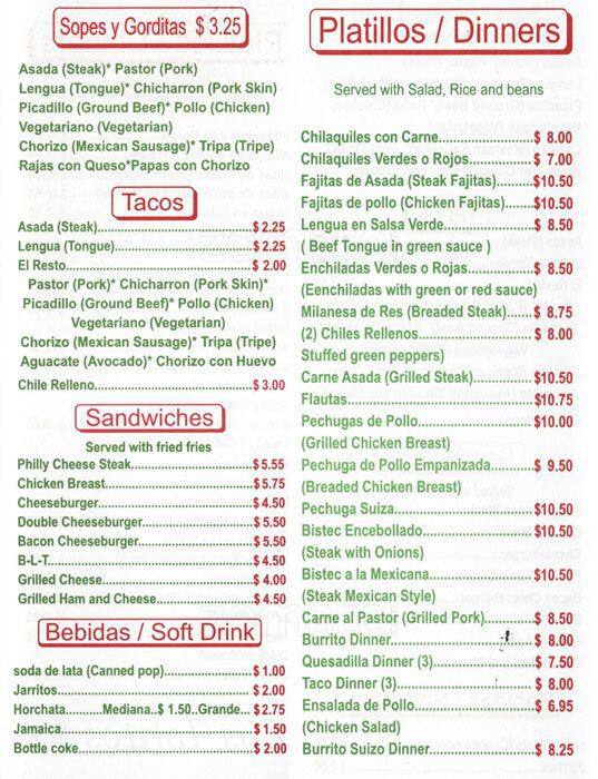 Menu at Los Toritos restaurant, Chicago