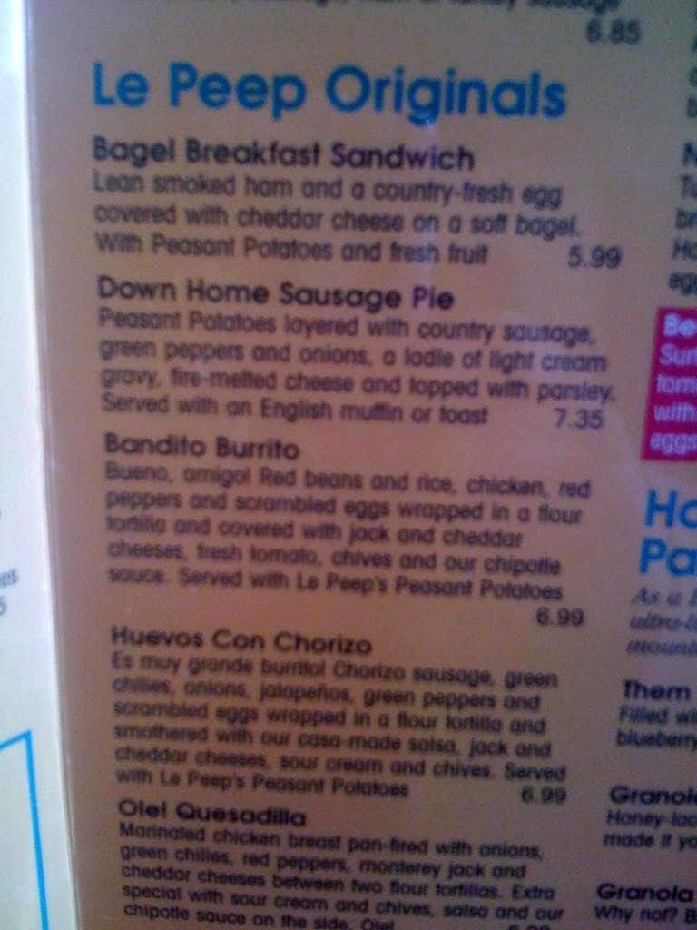 Menu at Le Peep restaurant, Indianapolis, 301 N Illinois St