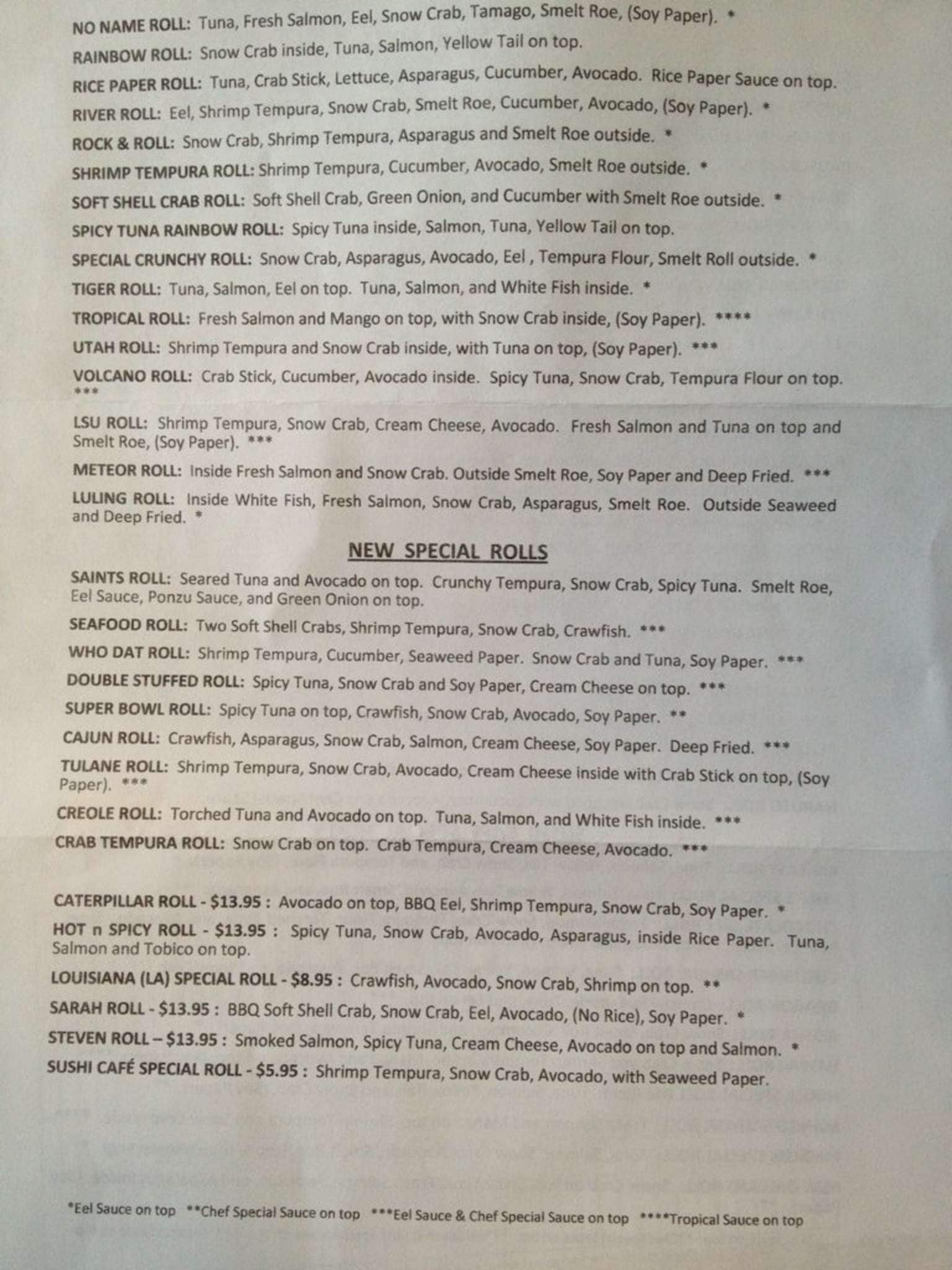 Menu at Sushi Cafe, Luling