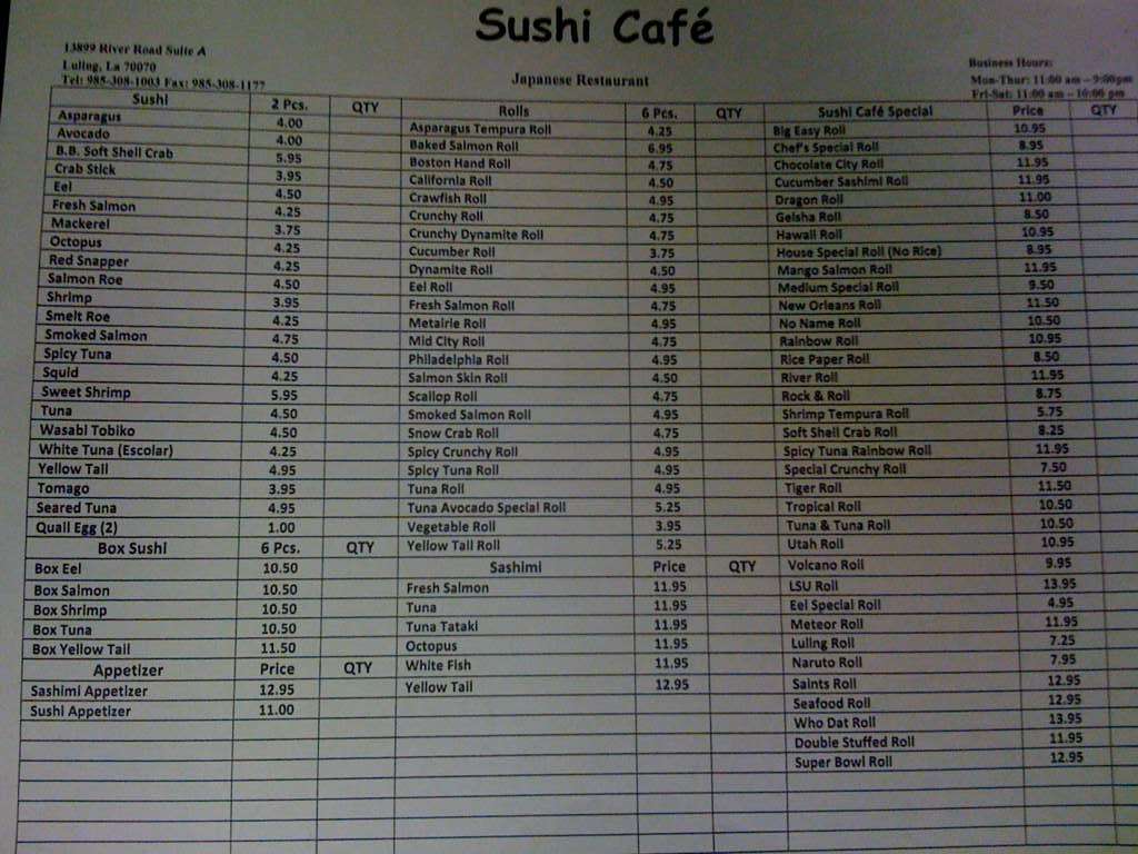 Menu at Sushi Cafe, Luling