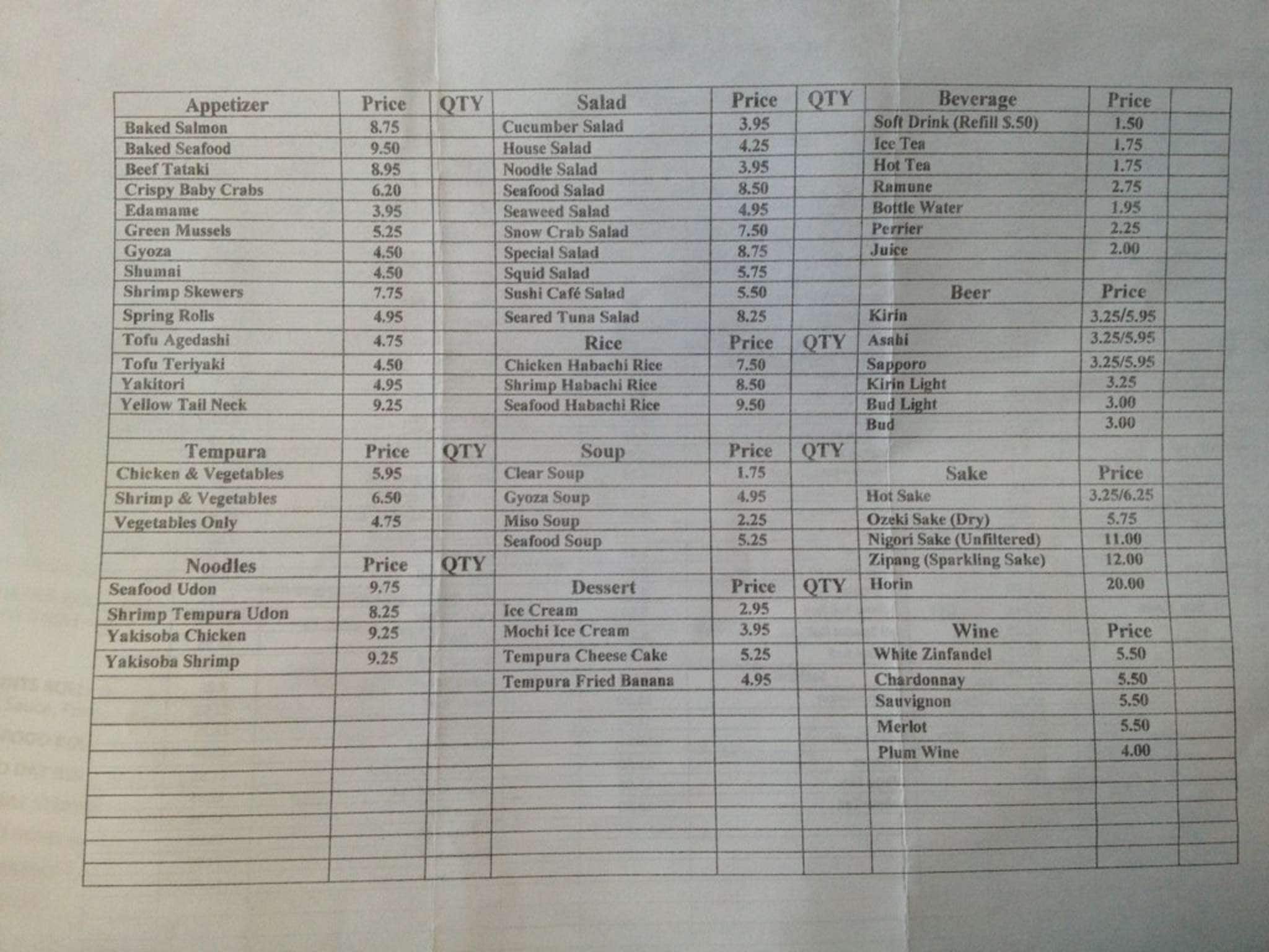 Menu at Sushi Cafe, Luling