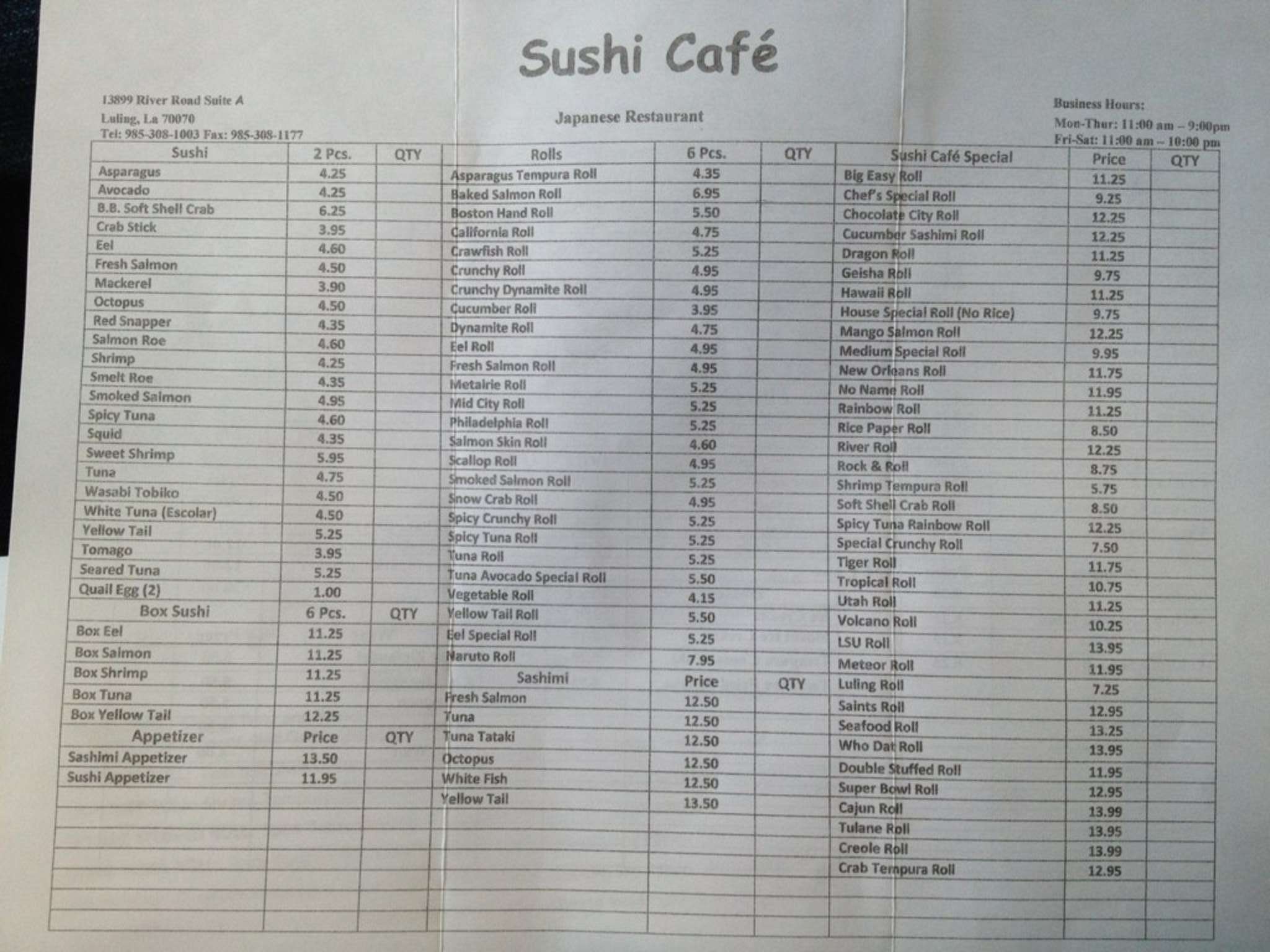 Menu at Sushi Cafe, Luling