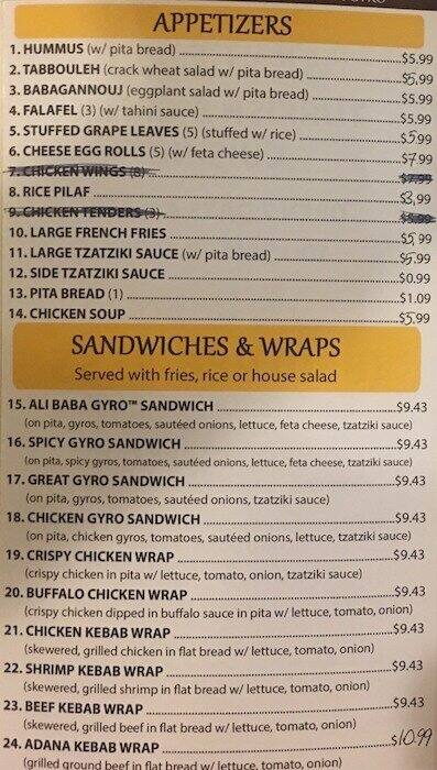 Menu at Ali Baba restaurant, Fort Walton Beach