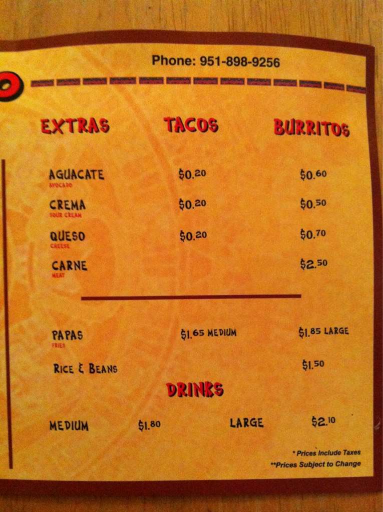 Menu at Tacos Del Rio restaurant, Eastvale