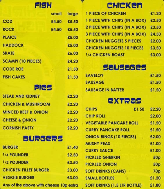 Menu at Shirley Fish Bar, Croydon