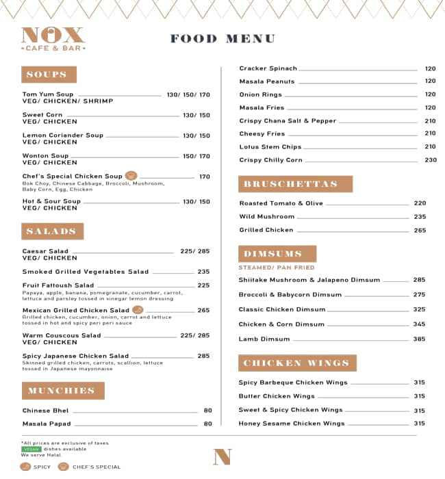 Menu of Nox Cafe & Bar, Trikuta Nagar, Jammu