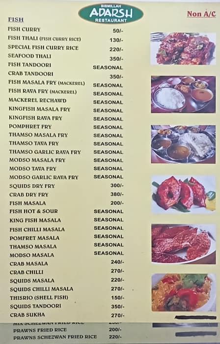 Menu of Adarsh Restaurant, Vasco, Goa