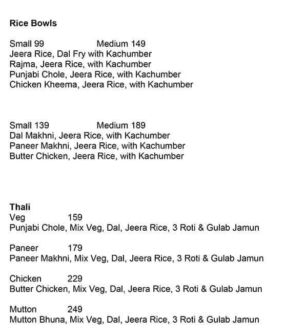 Menu of Aho Punjab, Chandkheda, Ahmedabad