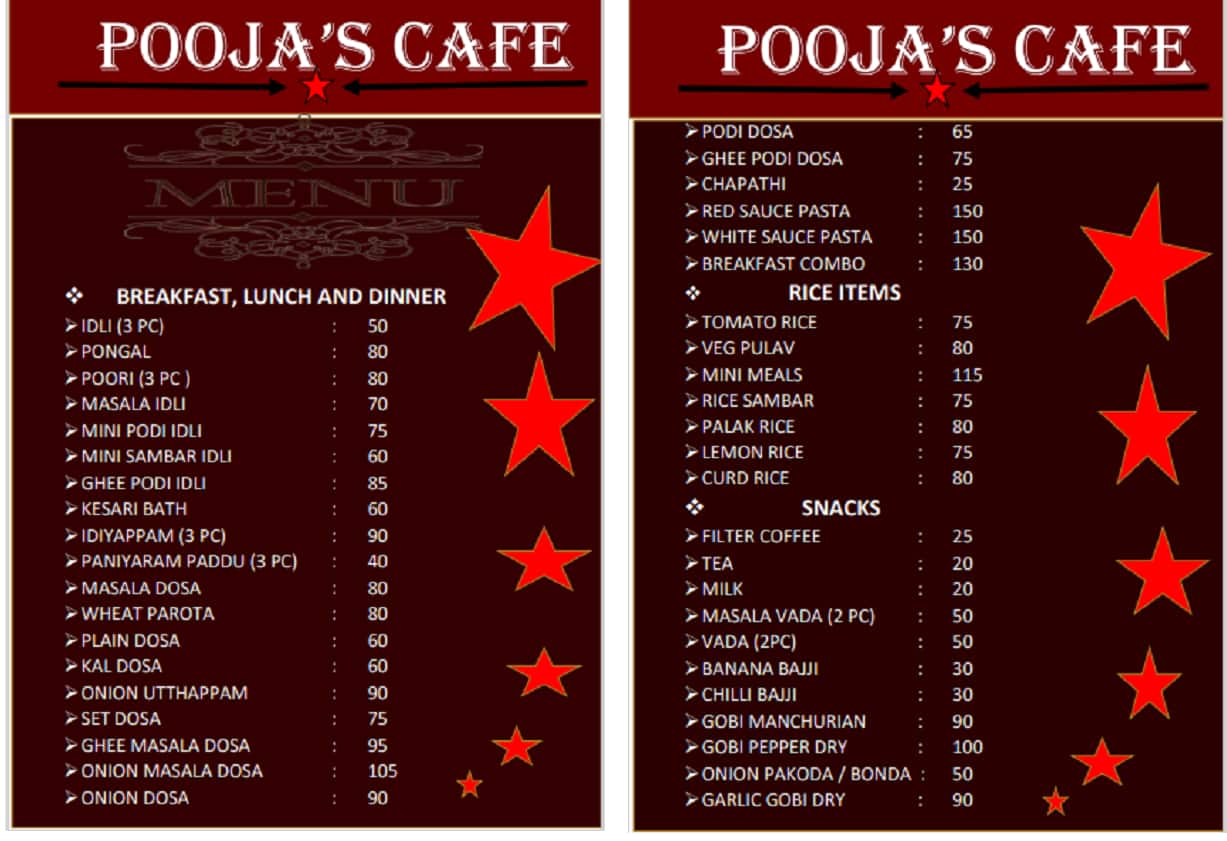 Menu of Pooja's Cafe, Kengeri, Bangalore
