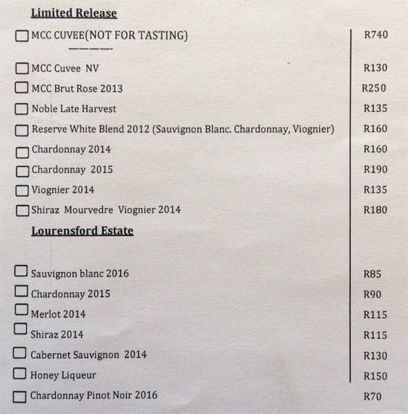 Menu at Lourensford Wine Estate pub & bar, Cape Town