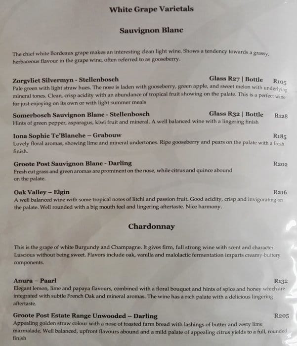 Menu at Lourensford Wine Estate pub & bar, Cape Town