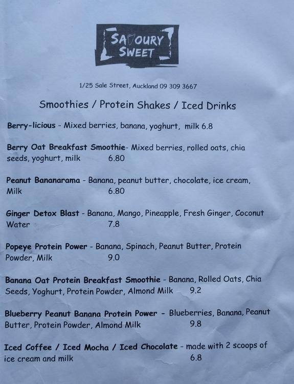 Menu at Savoury Sweet Cafe, Auckland