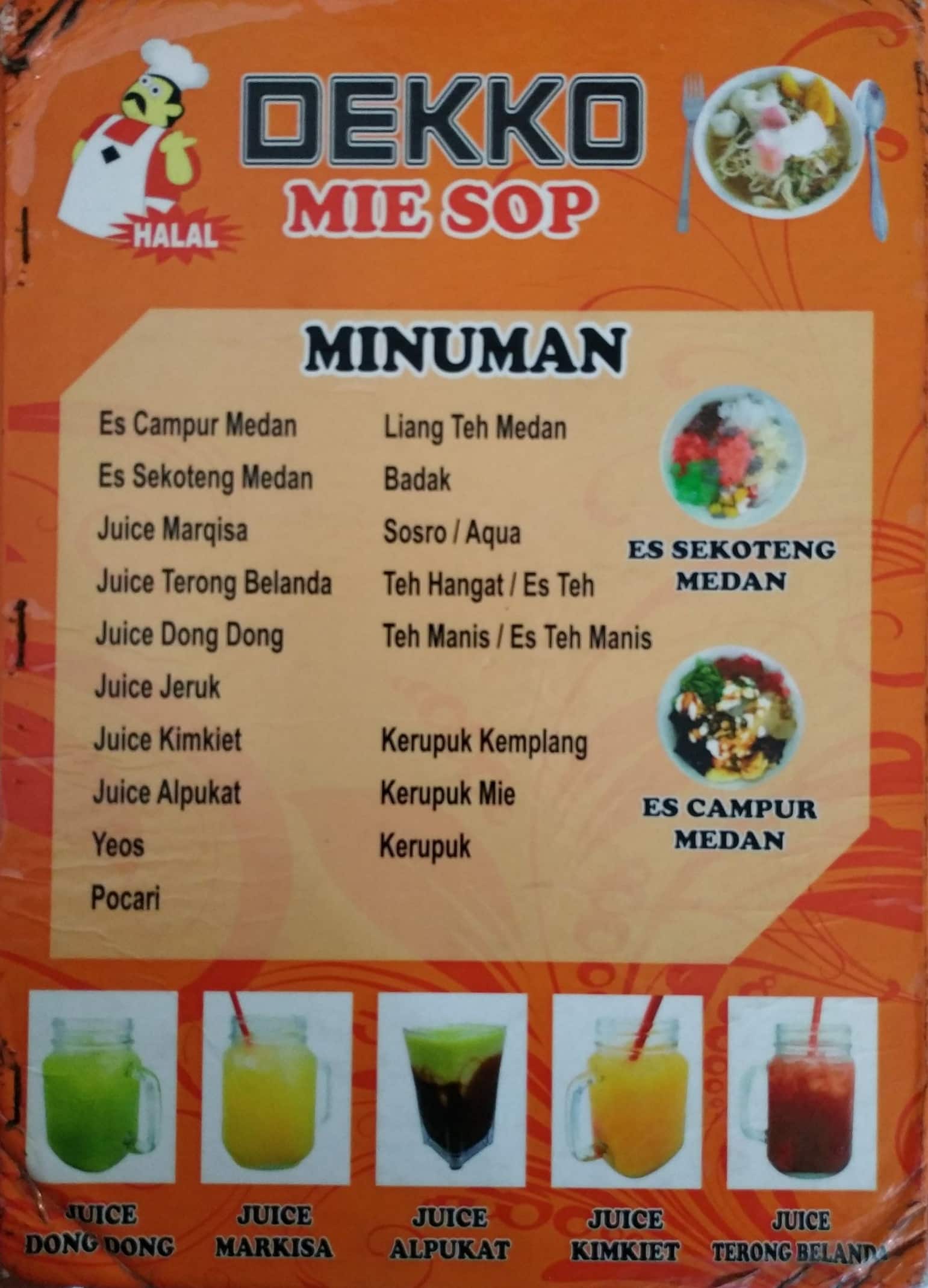 Menu at Dekko Mie Sop restaurant, West Jakarta