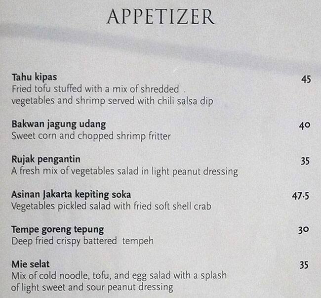 Menu at Palalada Restaurant Indonesian Food, Jakarta