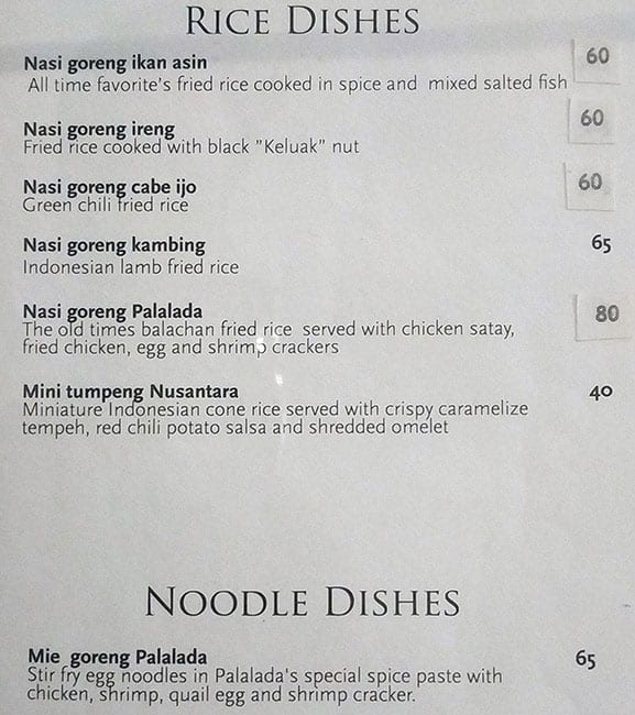 Menu at Palalada Restaurant Indonesian Food, Jakarta