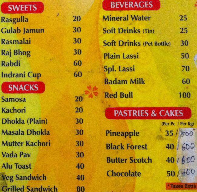 Menu at Agra Mithaiwala and Chaat, Hyderabad, Building Number 9