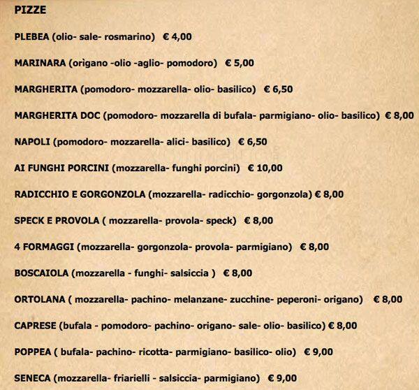 Menu at Pizzeria Nerone, Rome, Via del Moro
