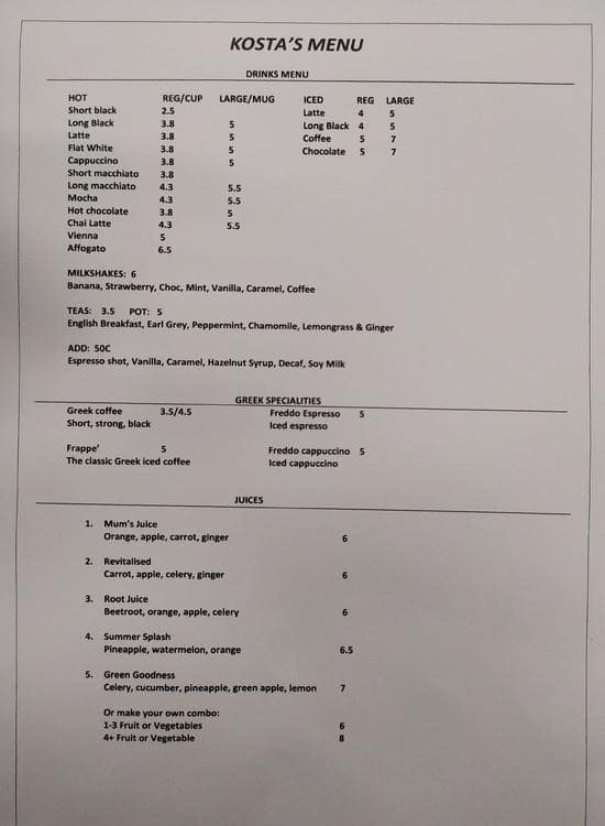 Menu at Kosta's restaurant, Northbridge