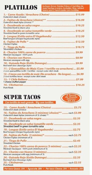 Menu at Pollo Vagabundo restaurant, Northlake