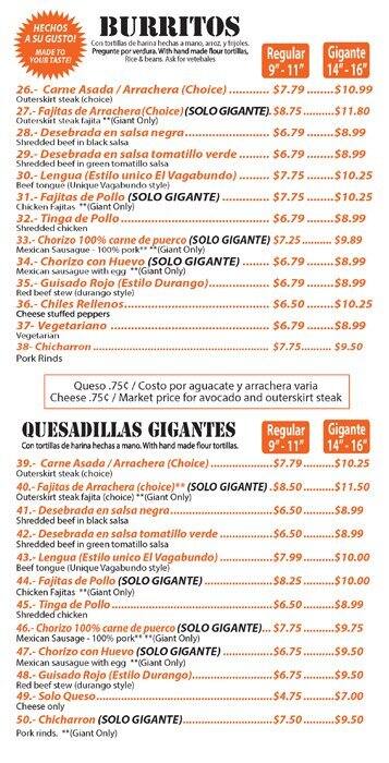 Menu at Pollo Vagabundo restaurant, Northlake
