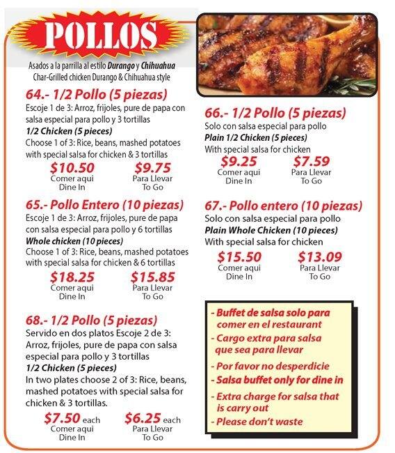 Menu at Pollo Vagabundo restaurant, Northlake