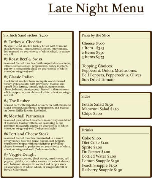 Menu at East Side Delicatessen restaurant, Portland, N Lombard St