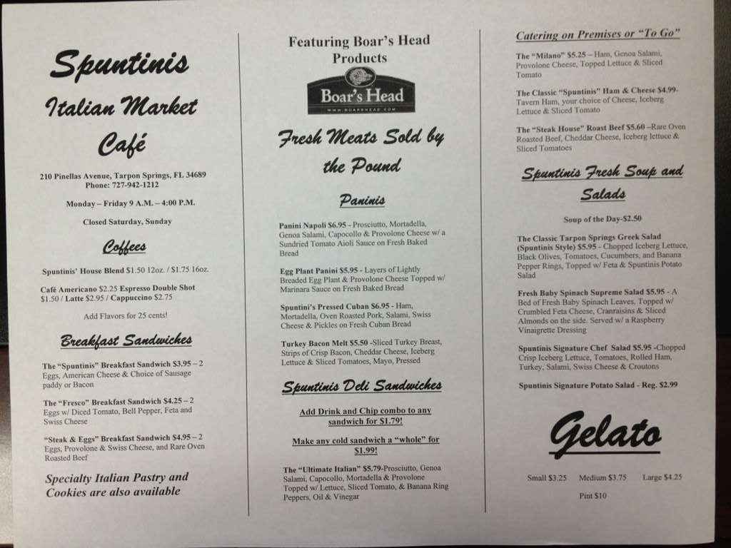 Menu at Spuntini's Italian Market Cafe, Tarpon Springs