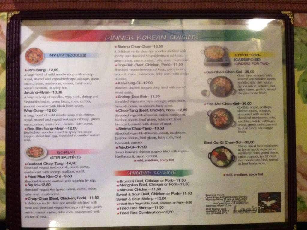 Menu at Lee's Korean Restaurant, Louisville