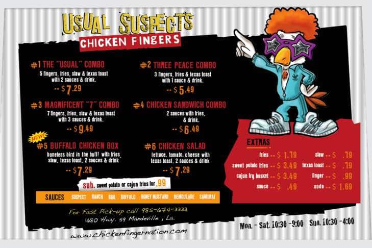 Menu at Usual Suspects restaurant, Mandeville