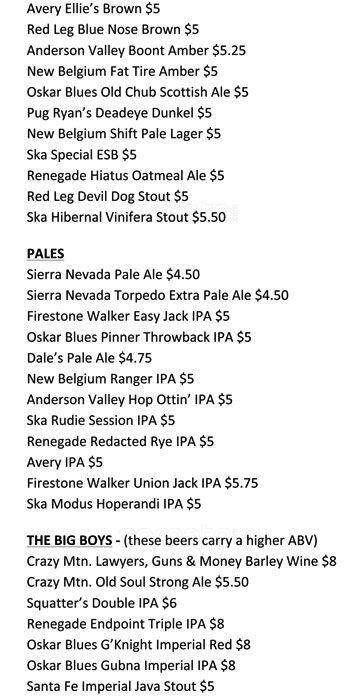 Menu at Burrowing Owl pub & bar, Colorado Springs