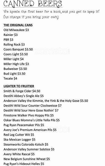 Menu at Burrowing Owl pub & bar, Colorado Springs