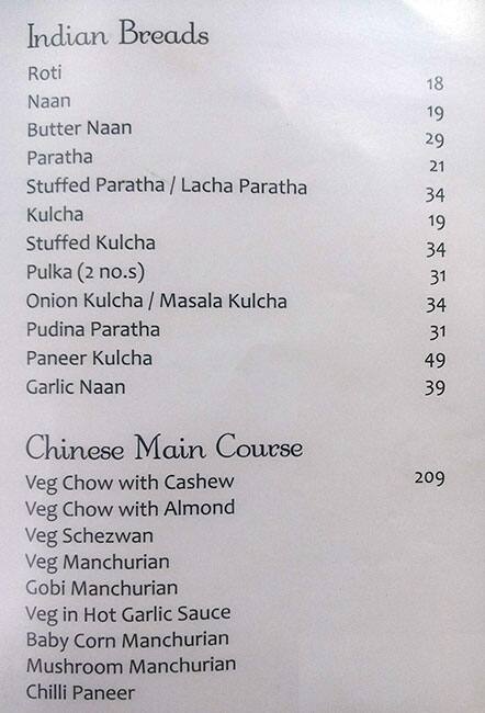 Menu at Parivaar, Secunderabad