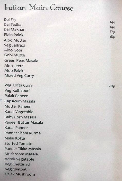 Menu at Parivaar, Secunderabad