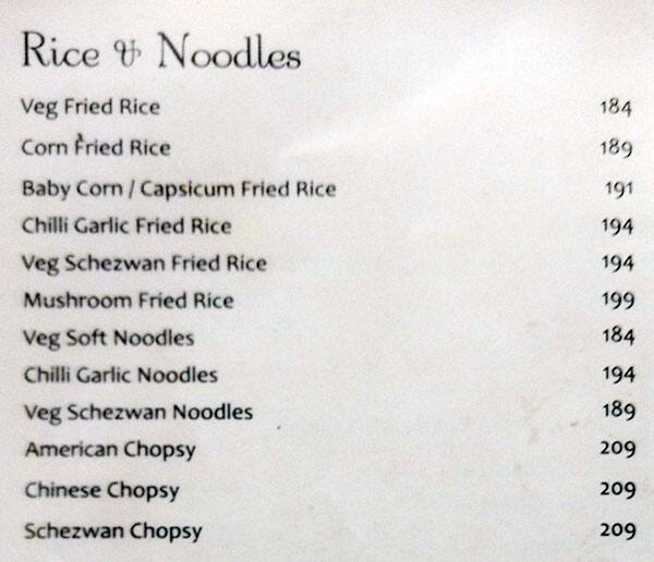 Menu at Parivaar, Secunderabad