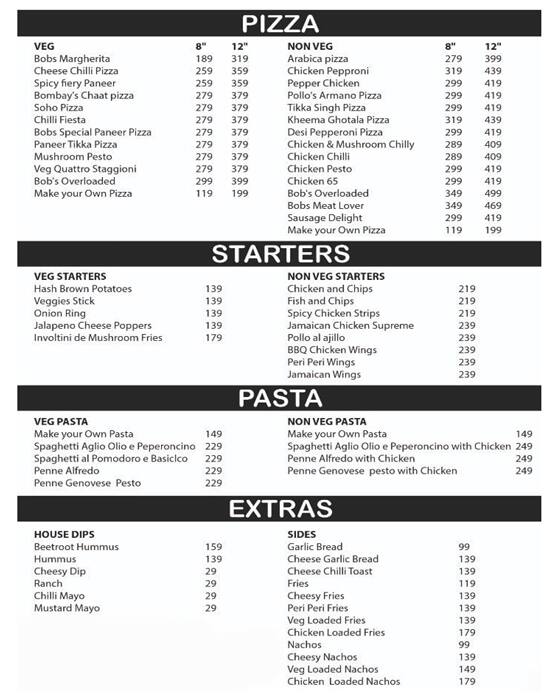 Menu at Bob's Pizzeria, Mumbai