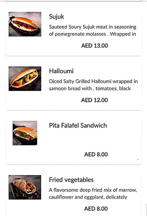 Menu at Maroosh restaurant, Abu Dhabi, Defence Road