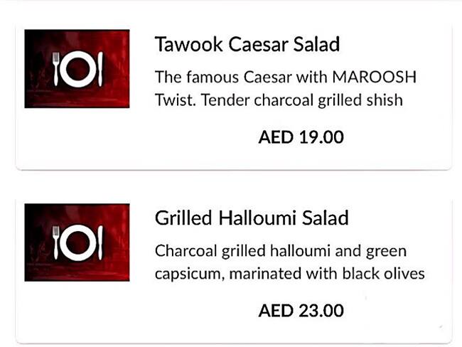 Menu at Maroosh restaurant, Abu Dhabi, Defence Road