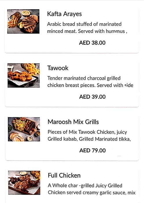 Menu at Maroosh restaurant, Abu Dhabi, Defence Road