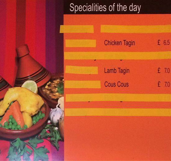 Menu at Moroccan Cafe, London