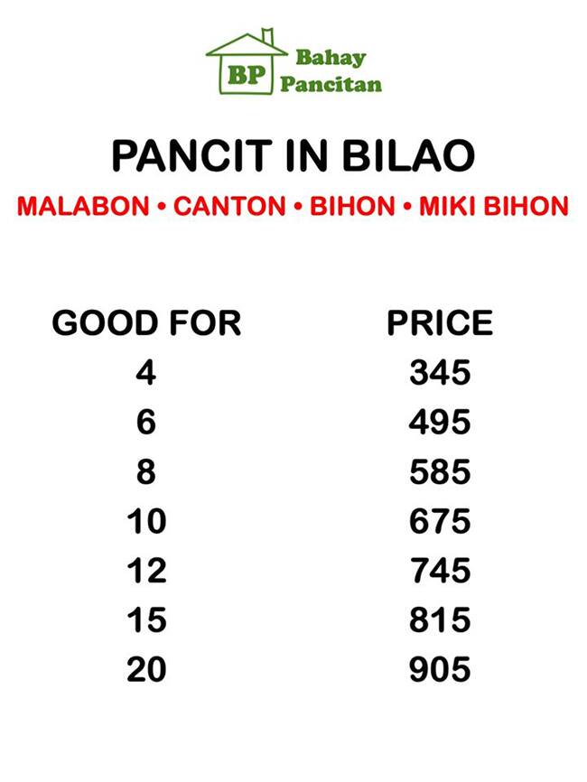Menu at Bahay Pancitan restaurant, Pasig