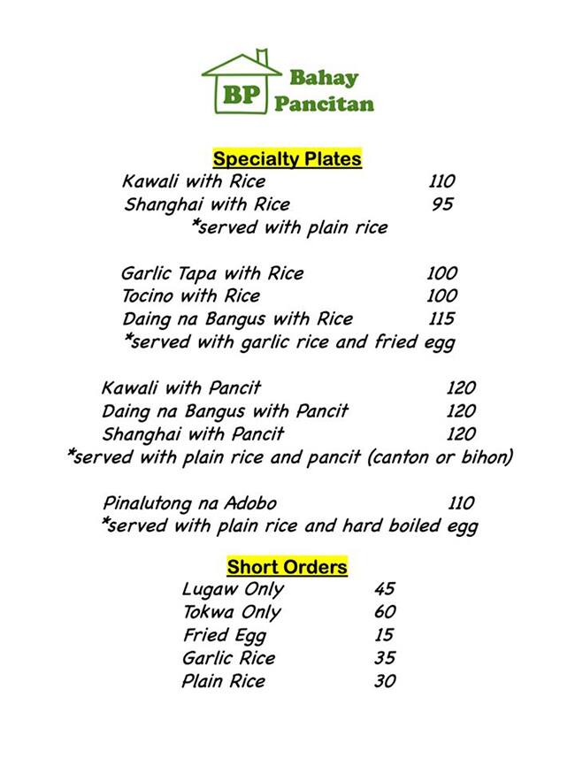 Menu at Bahay Pancitan restaurant, Pasig